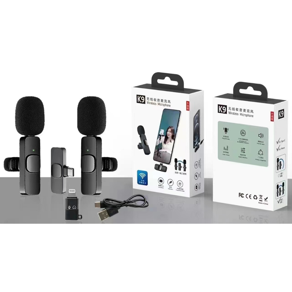 Jual Mic Clip On Mikrofon Wireless 1 & 2 Microphone K9 1 Mic Type C USB & Lightning K9 Type C 2 ...