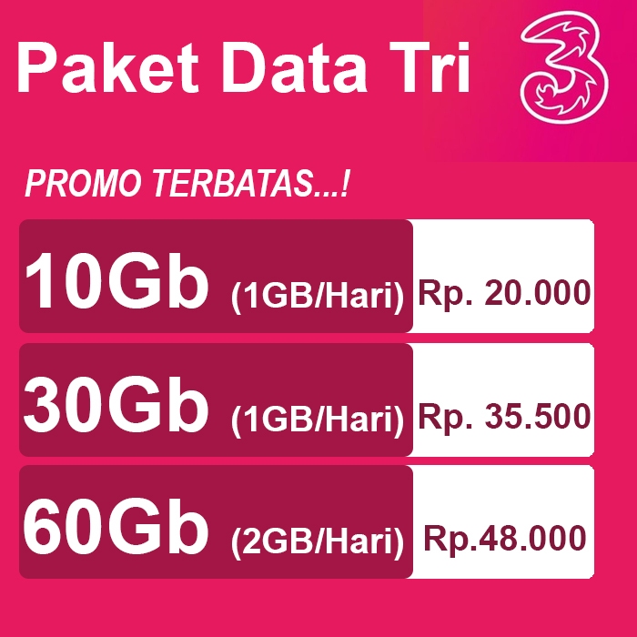 Jual Promo!!! voucher isi ulang kuota 3 / tri / three aon 1Gb bonus 1GB jaringan 4g 2gb tri aon ...