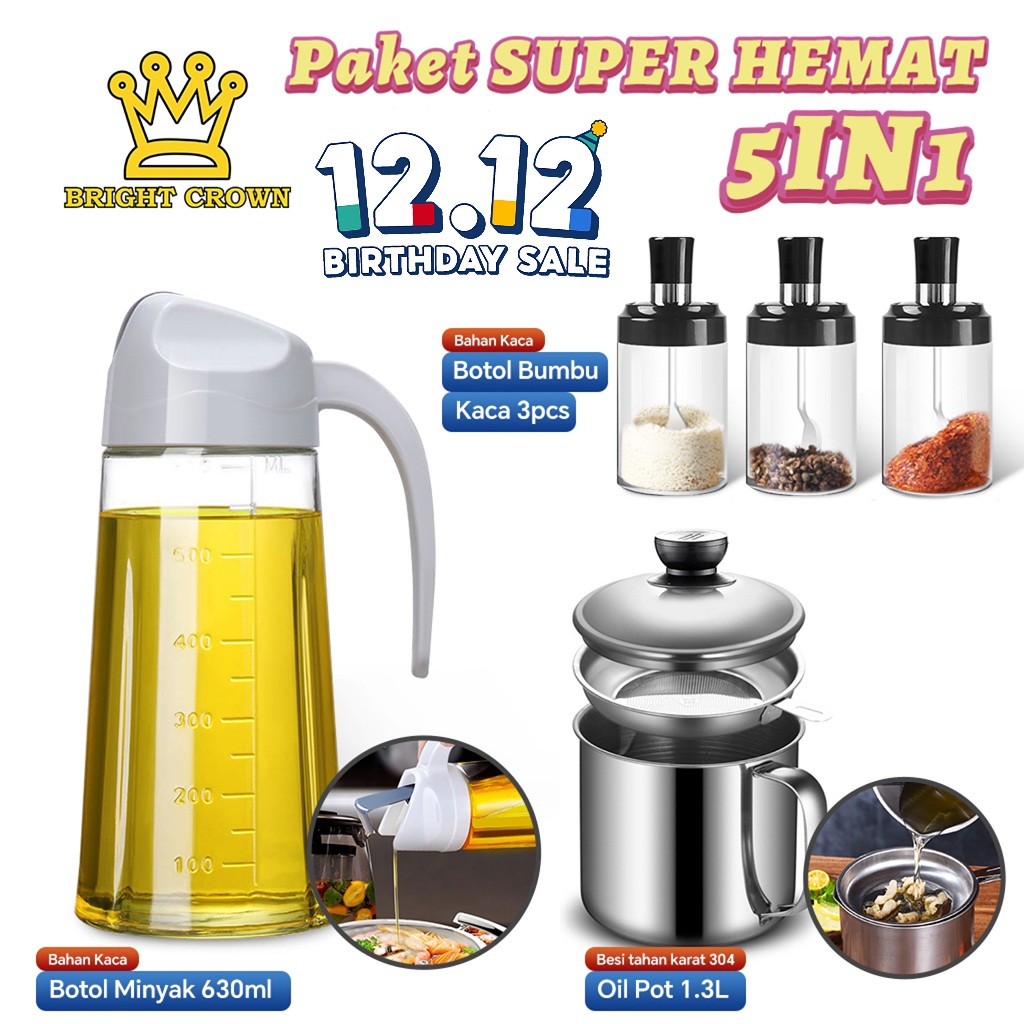 Jual Bright Crown Paket Super Hemat 5IN1 Botol Minyak Kaca 630ML + Oil Pot 1,3L + Tempat Bumbu ...