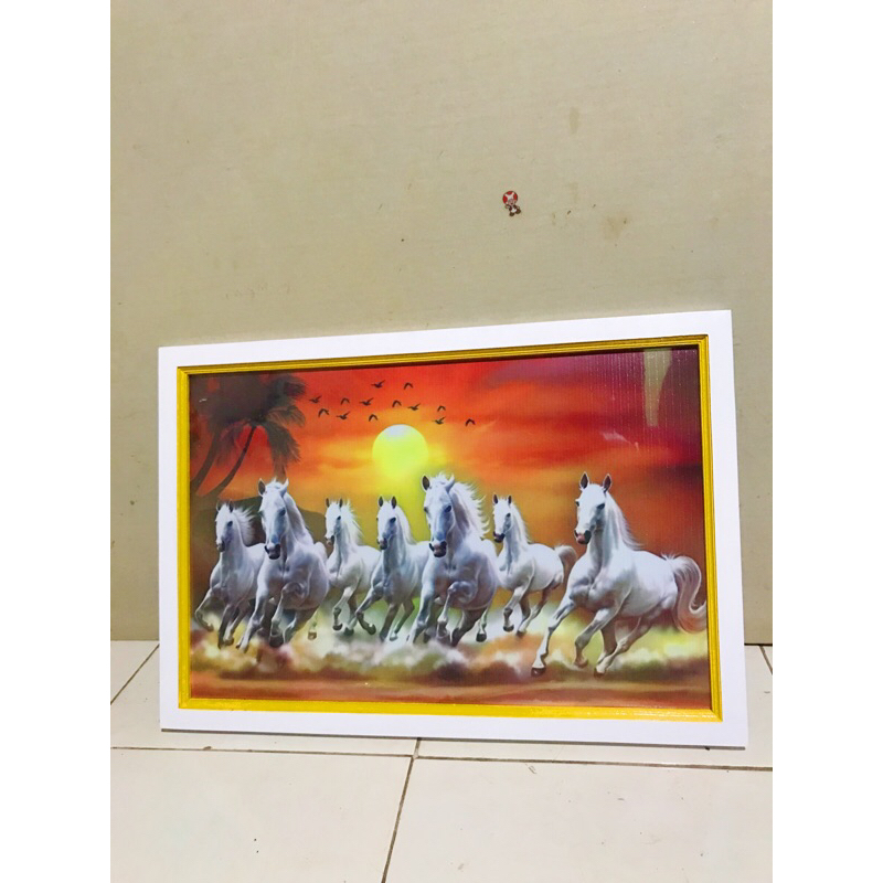 Jual hiasan dinding lukisan cetak gambar 7 kuda putih berlari plus ...