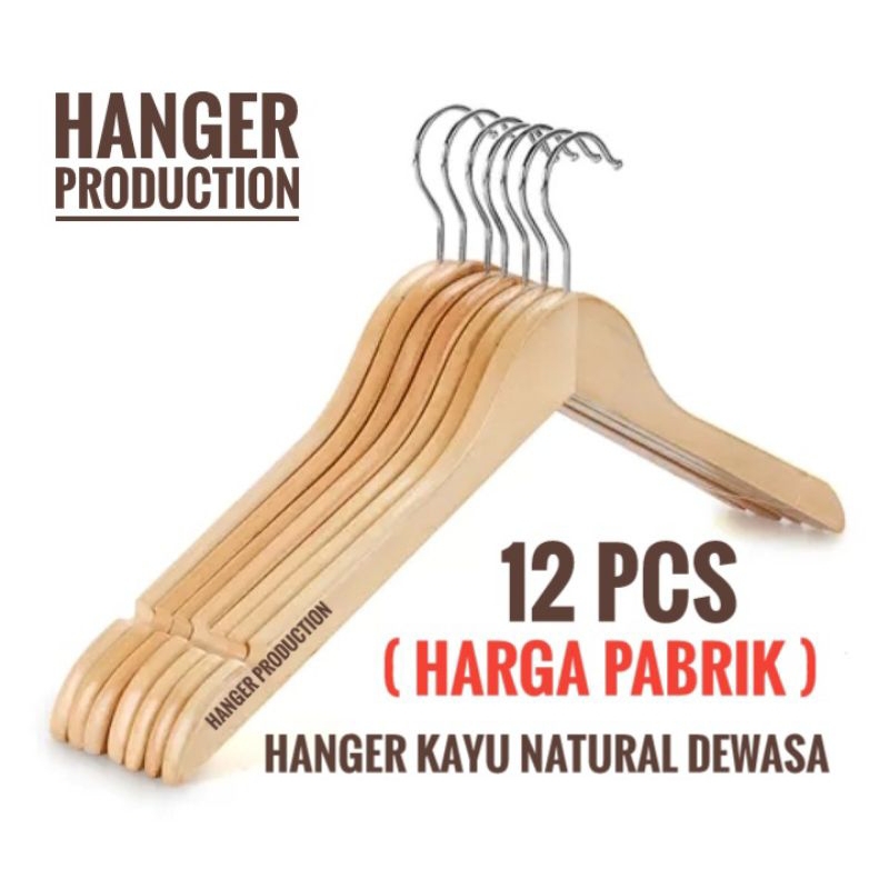 Jual ( TERMURAH ) 12 PCS / 1 LUSIN HANGER KAYU NATURAL DEWASA KUALITAS ...