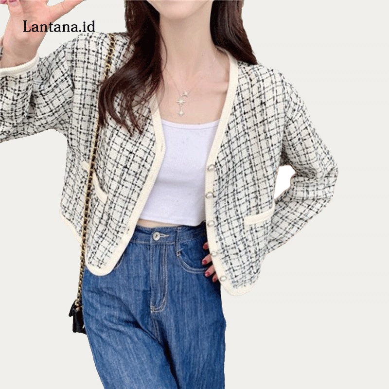 Jual outer wanita baju korea cardigan crop jacket hitam retro casual lengan panjang kotak-kotak ...