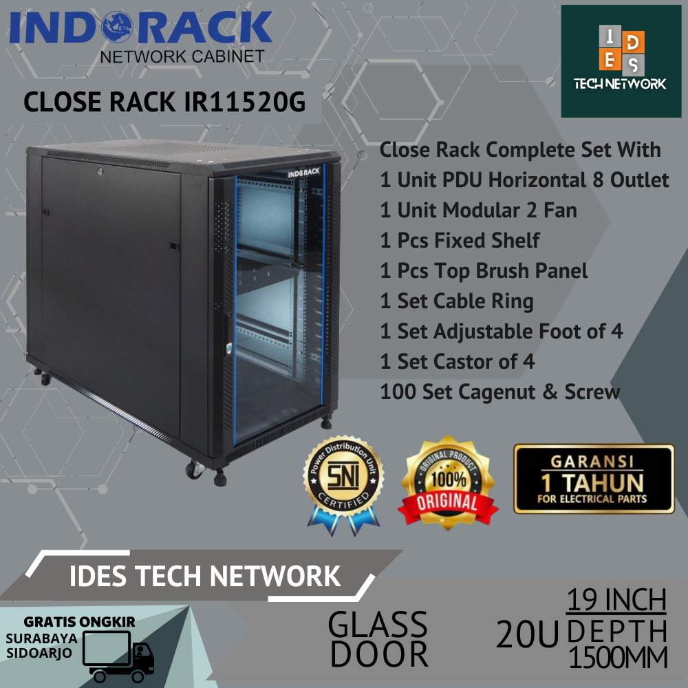 Jual Rack Server Indorack Close Rack IR11520G 20U Depth 1150mm Glass ...