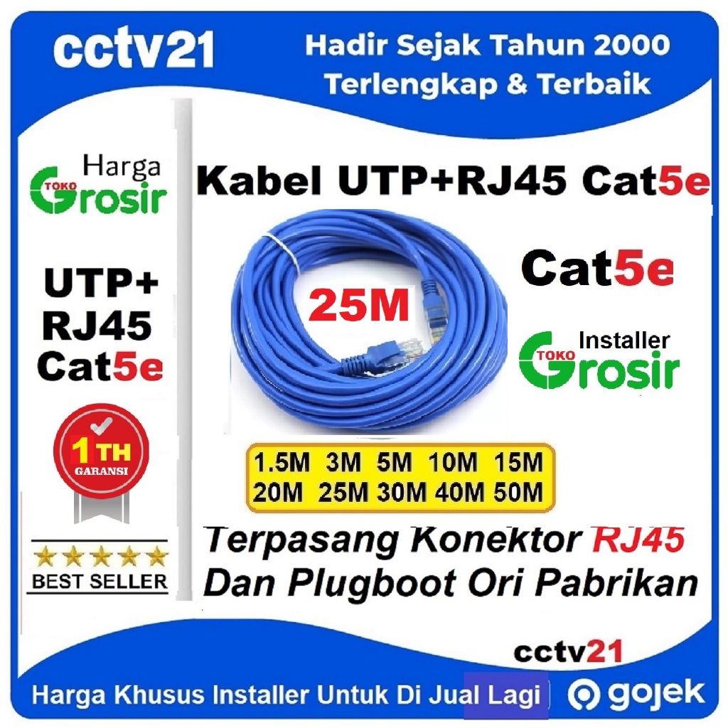 Jual Kabel UTP/LAN 25 Meter Cat5e Terpasang Konektor RJ45 Dan Plugboot ...