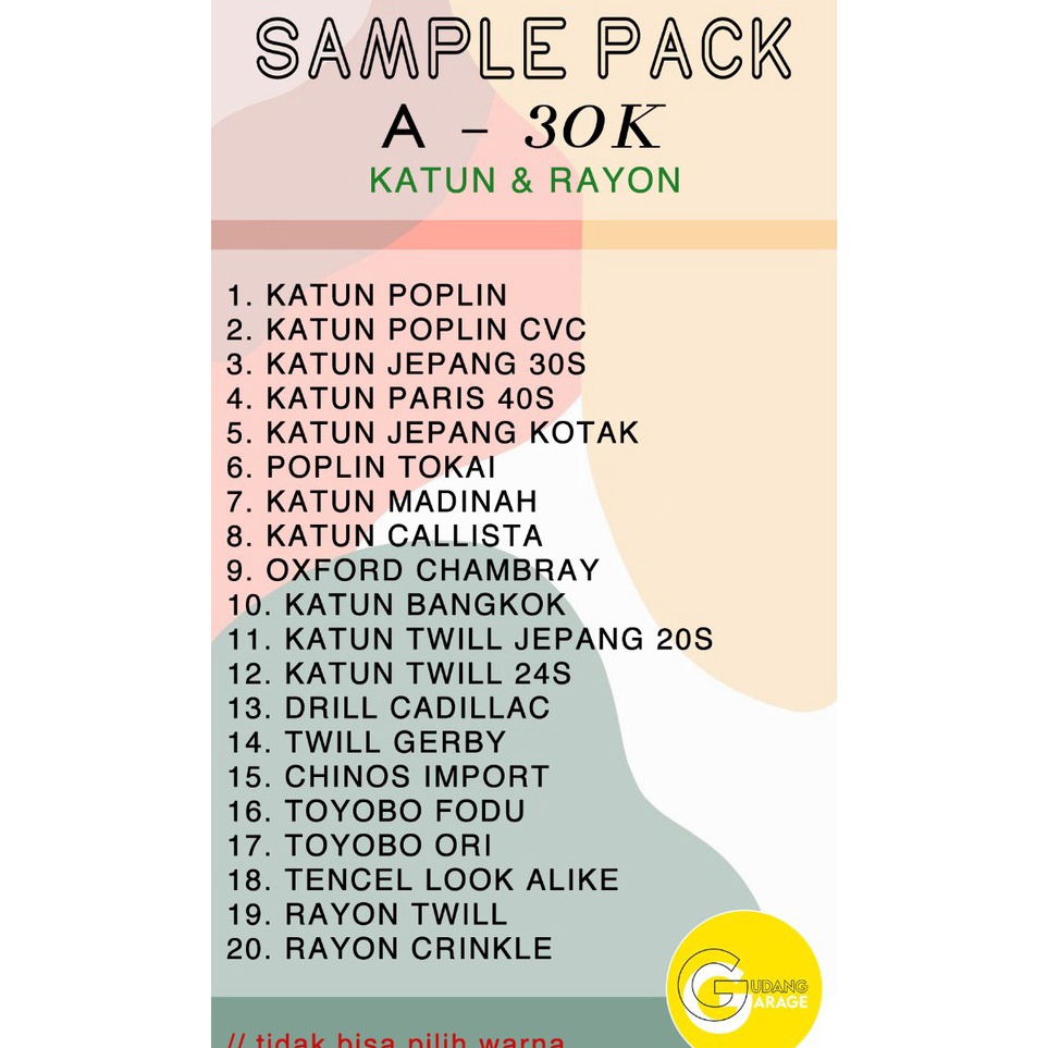 Jual Sample Pack Kain Gudang Garage swatches | Shopee Indonesia
