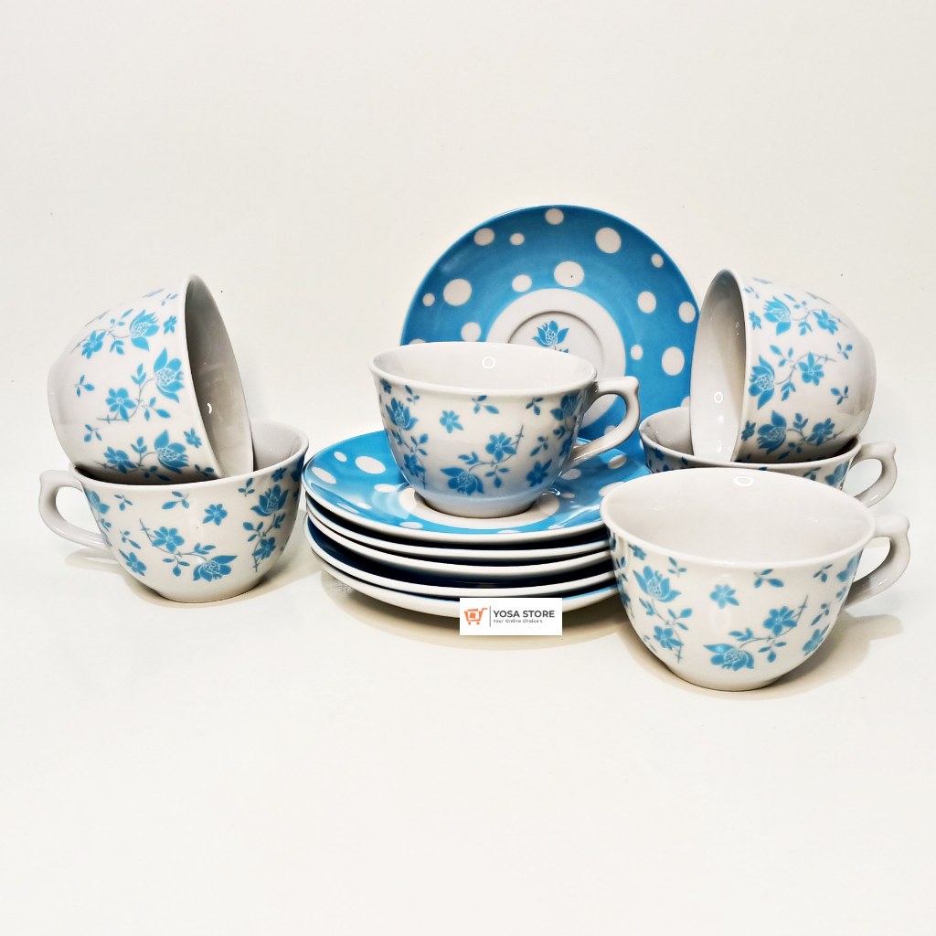 Jual Cangkir Set Keramik Kopi Teh Motif Polkadot Bunga Biru 12 Pcs ...