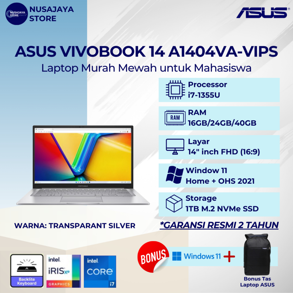 Jual ASUS Vivobook 14 A1404VA i7-1355U 16GB 1TB iRis Xe 14" FHD OHS W11 ...