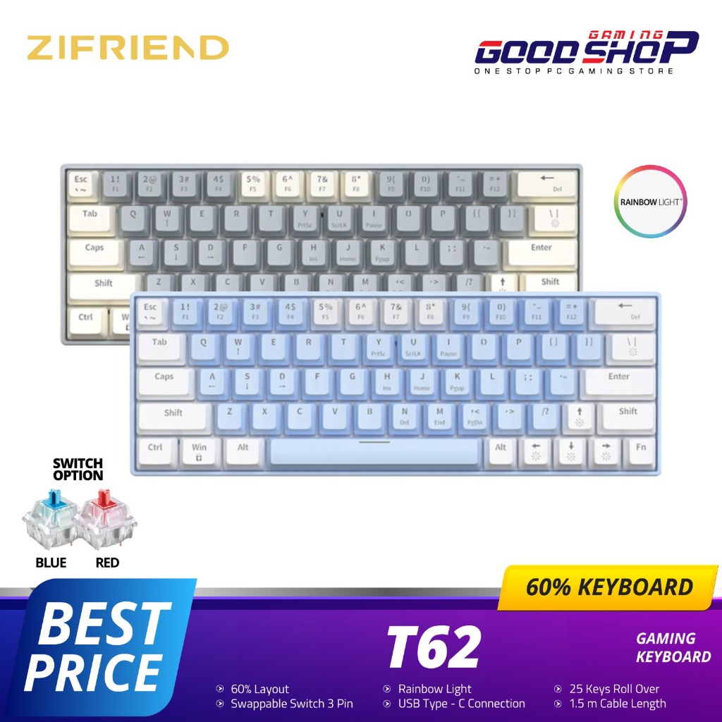 Jual ZIFRIEND T62 63Keys 60% Layout - Mechanical Keyboard | Shopee Indonesia