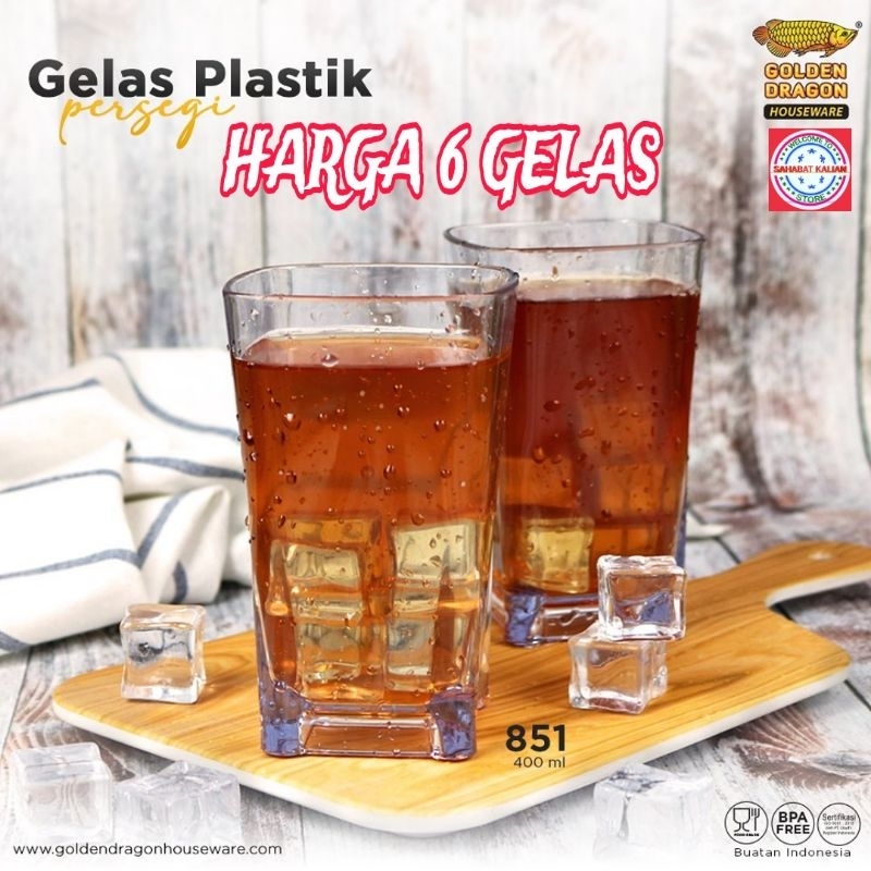 Jual (6 GELAS) Gelas Model Persegi Golden Dragon 851 400ml | Shopee ...