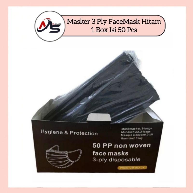 Jual Masker 3 Ply Face Mask Hitam 1 Box isi 50 Pcs | Shopee Indonesia