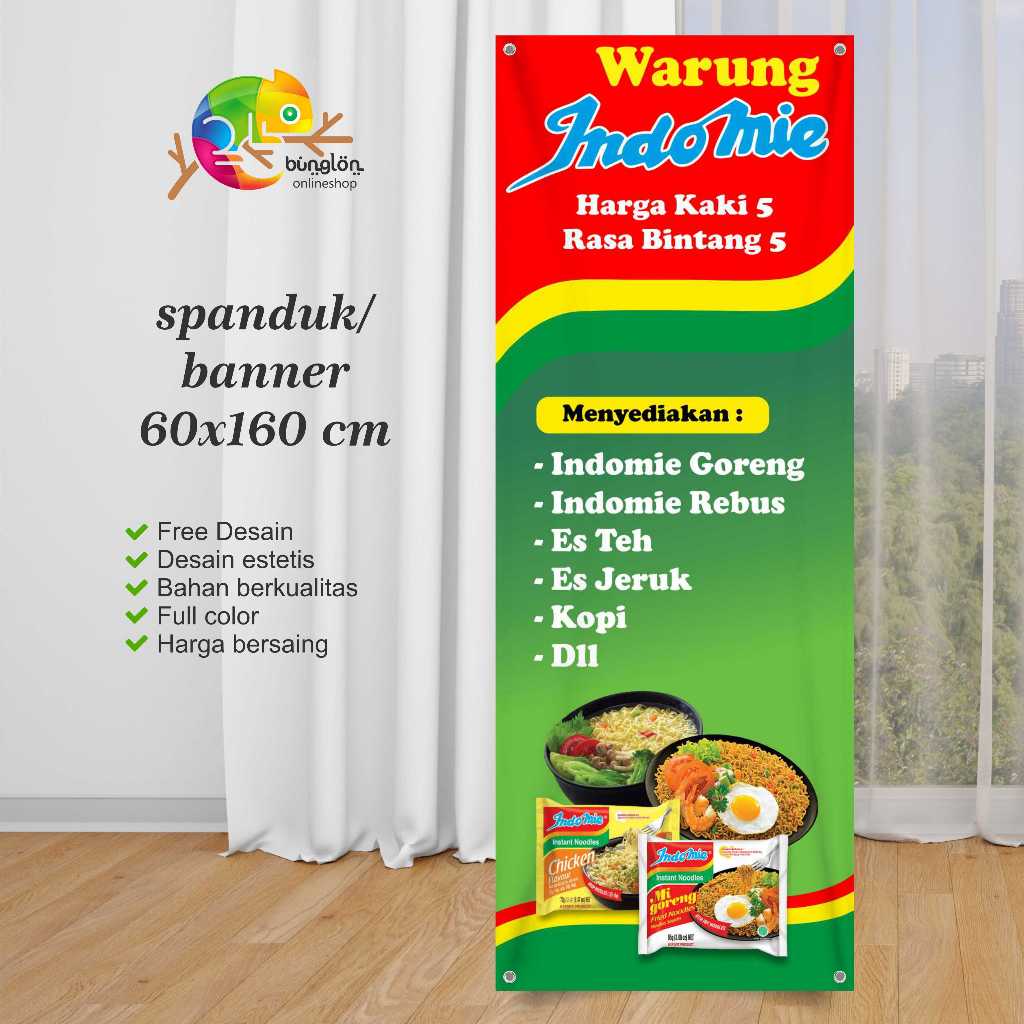 Jual Spanduk 60x160 Banner Warung Indomie Model Hijau Custom Desain ...