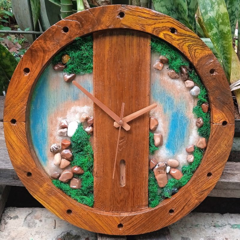 Jual JAM DINDING ESTETIK BATU ASLI KAYU JATI RESIN HIASAN DINDING ...