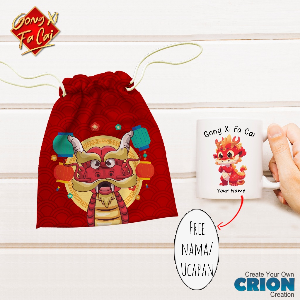 Jual Mug hampers Imlek tahun naga full print tas serut custom nama by ...