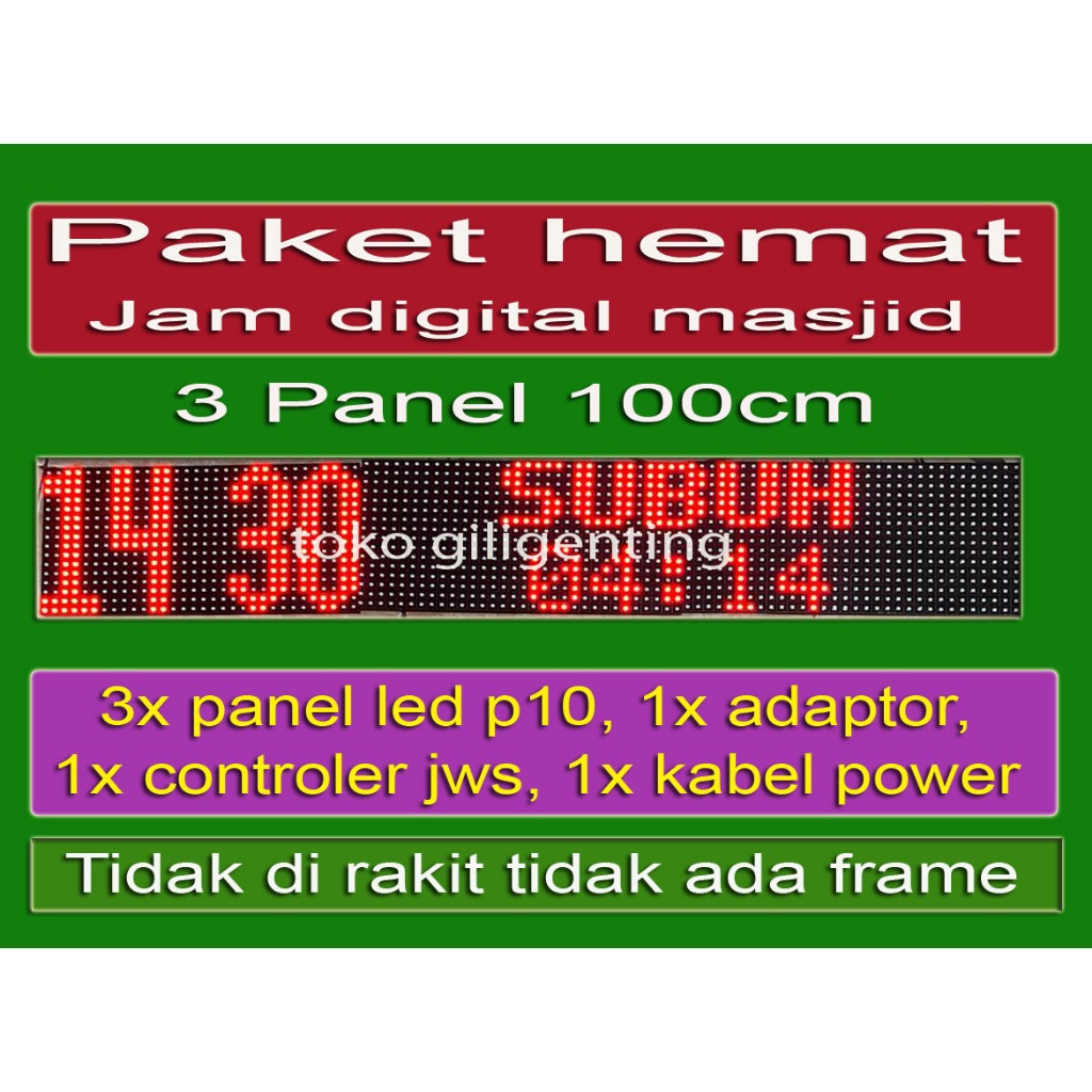Jual (PAKET HEMAT) JAM SHOLAT DIGITAL MASJID 3 PANEL (3x panel led p10 ...
