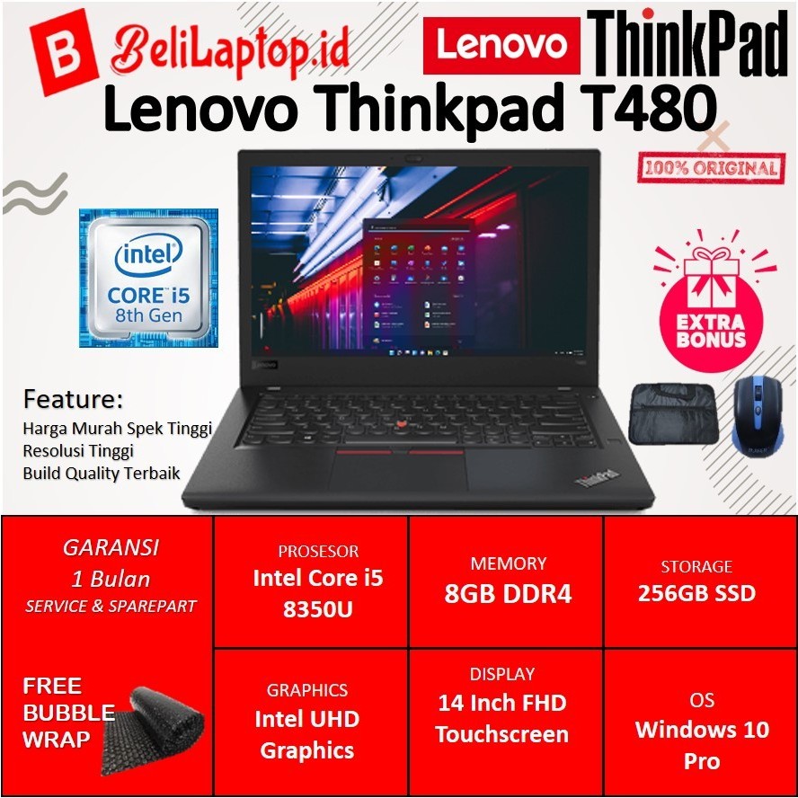 Jual lenovo thinkpad T480 intel core i5 8GB 256GB 14 inch Full HD Black ...
