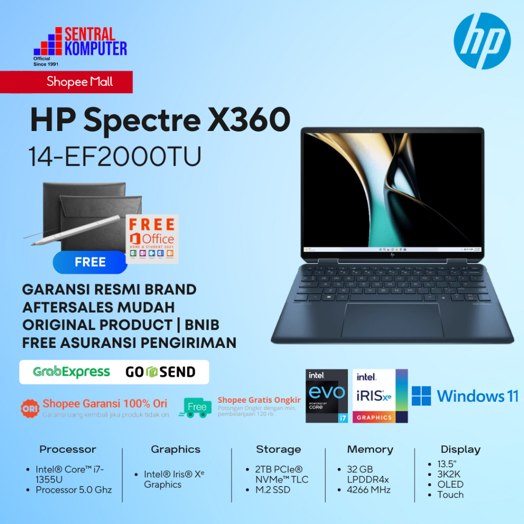 Jual HP Spectre X360 14 EF2000TU OLED EVO I7 1355U 32GB 2TB W11+OHS 13 ...