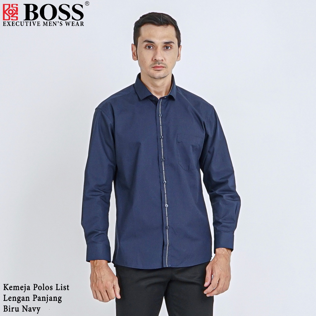 Jual BOSS Kemeja Polos Pria Eco Cotton Kombinasi List Tengah Lengan Panjang Slim Fit 1801 Biru ...