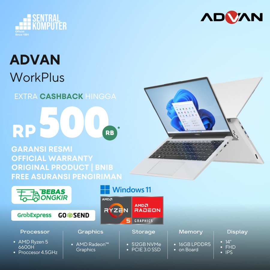 Jual Laptop ADVAN Work Plus Ryzen 5 6600H RAM 16GB 512GB SSD WorkPlus ...