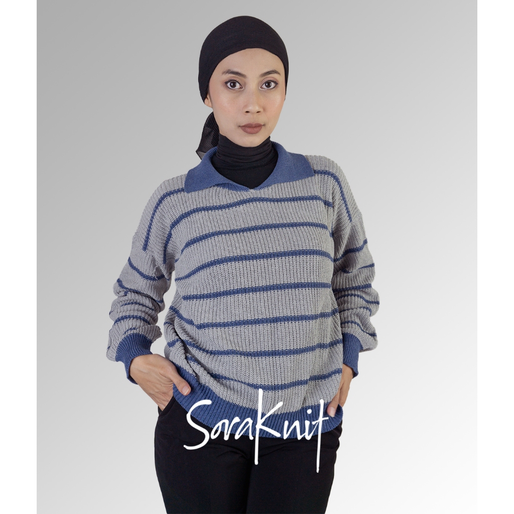 Jual Sweater Polo Rajut Wanita Premium Motif Corak Garis Stripe switer ...