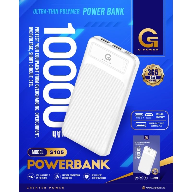 Jual POWER BANK 10.000MAH G-POWER S105 DUAL INPUT PORT TYPE C & MICRO ...