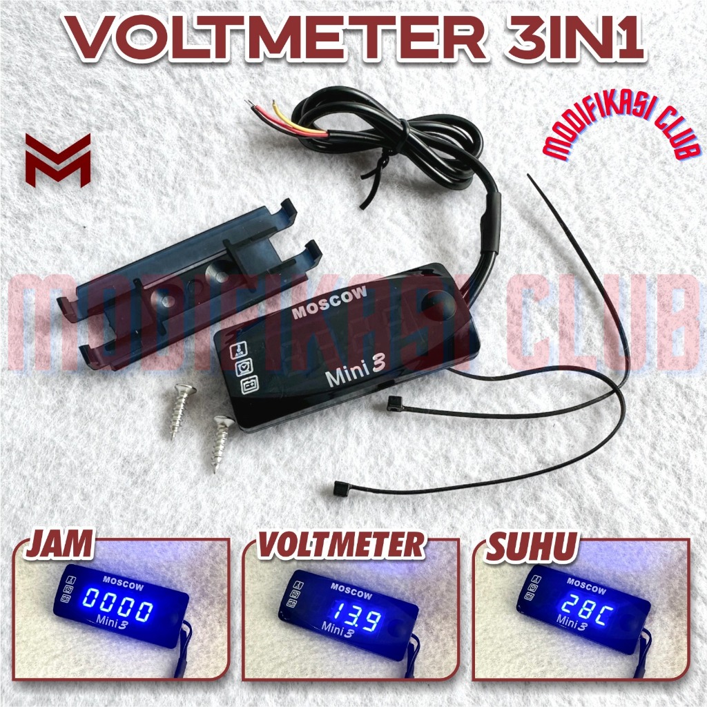 Jual VOLTMETER AKI 3 IN 1 MOSCOW JAM DAN SUHU DAN VOLT METER WATER PROOF LED BIRU UNIVERSAL ...