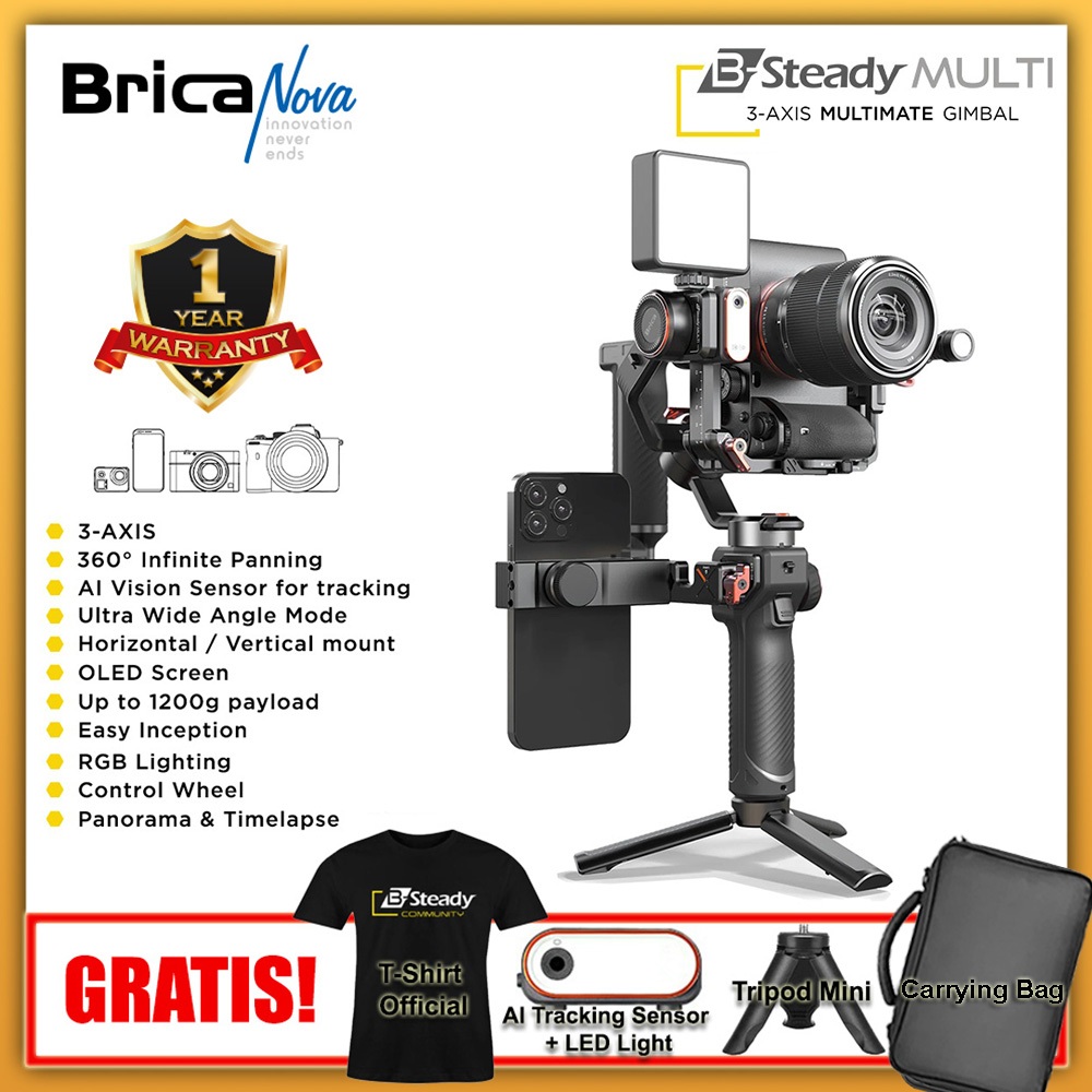 Jual Brica B-Steady MULTIMATE - 3 Axis Mirrorless & Camera Gimbal - Free AI Vision Sensor + LED ...