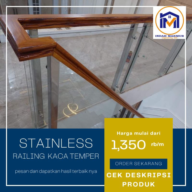 Jual pagar railing / balkon stainless kaca temper 8mm / handrail kayu ...