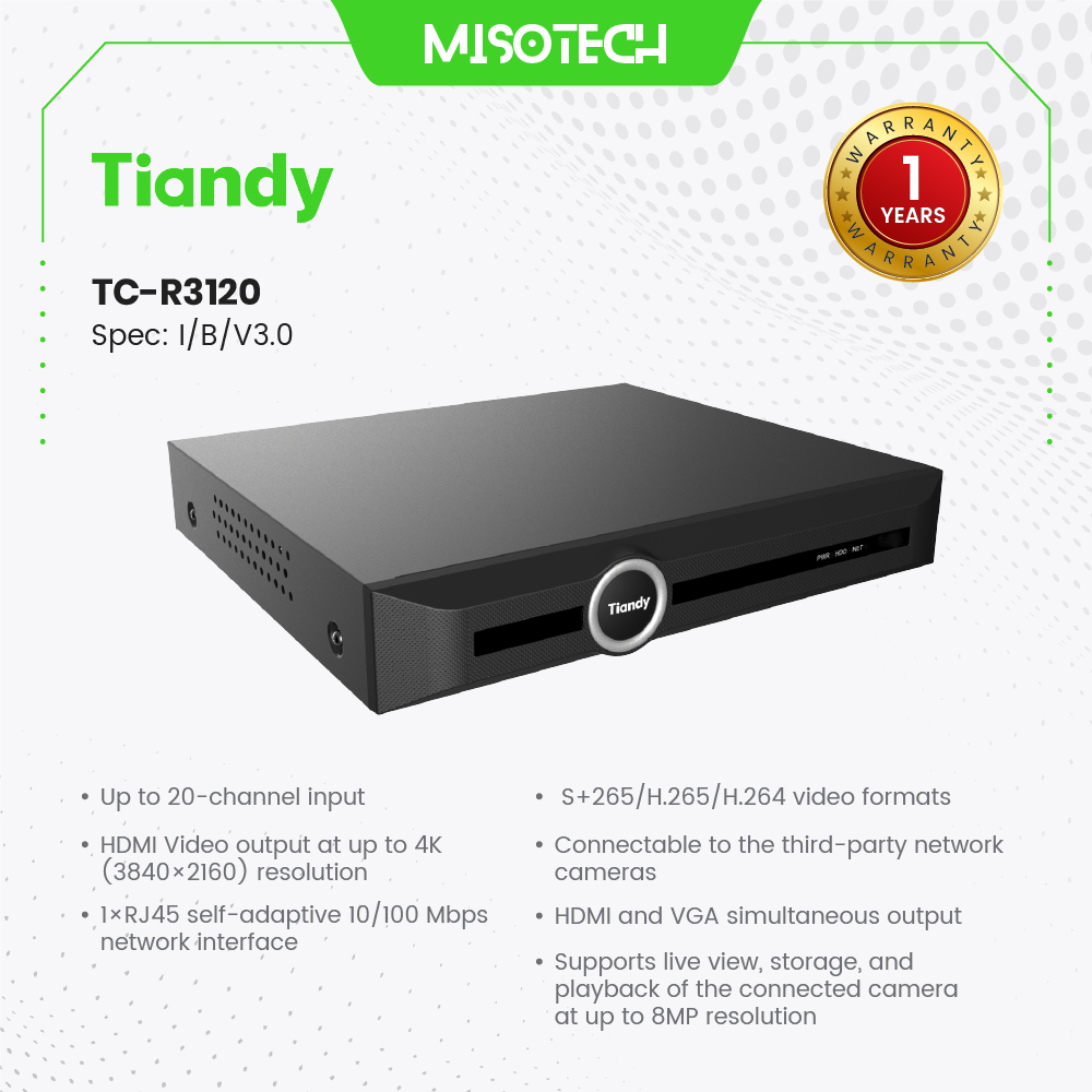 Jual NVR 20 Channel Tiandy TC-R3120 4K Non-PoE 1 SATA IP Camera Onvif ...