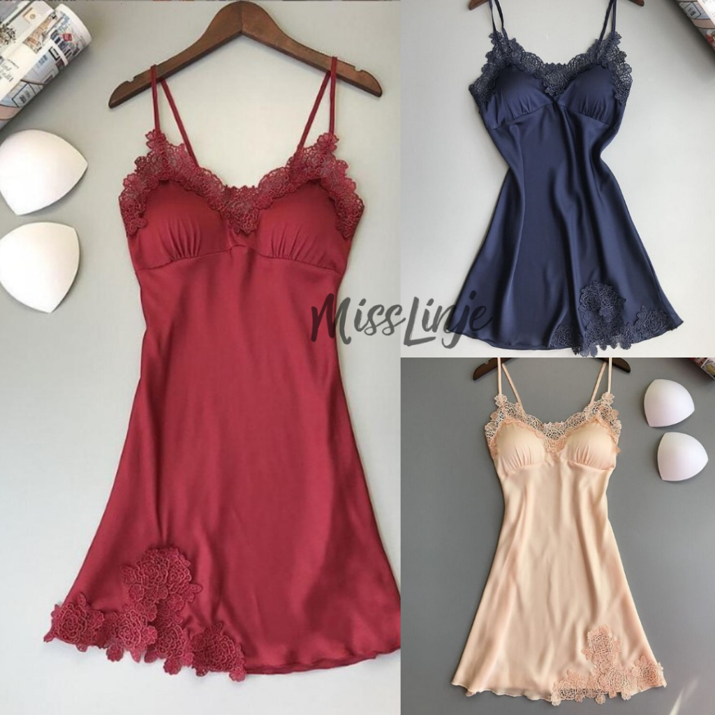Jual Baju Tidur Wanita Lingerie Daster Satin Tali Polos Mix Renda Seksi ...