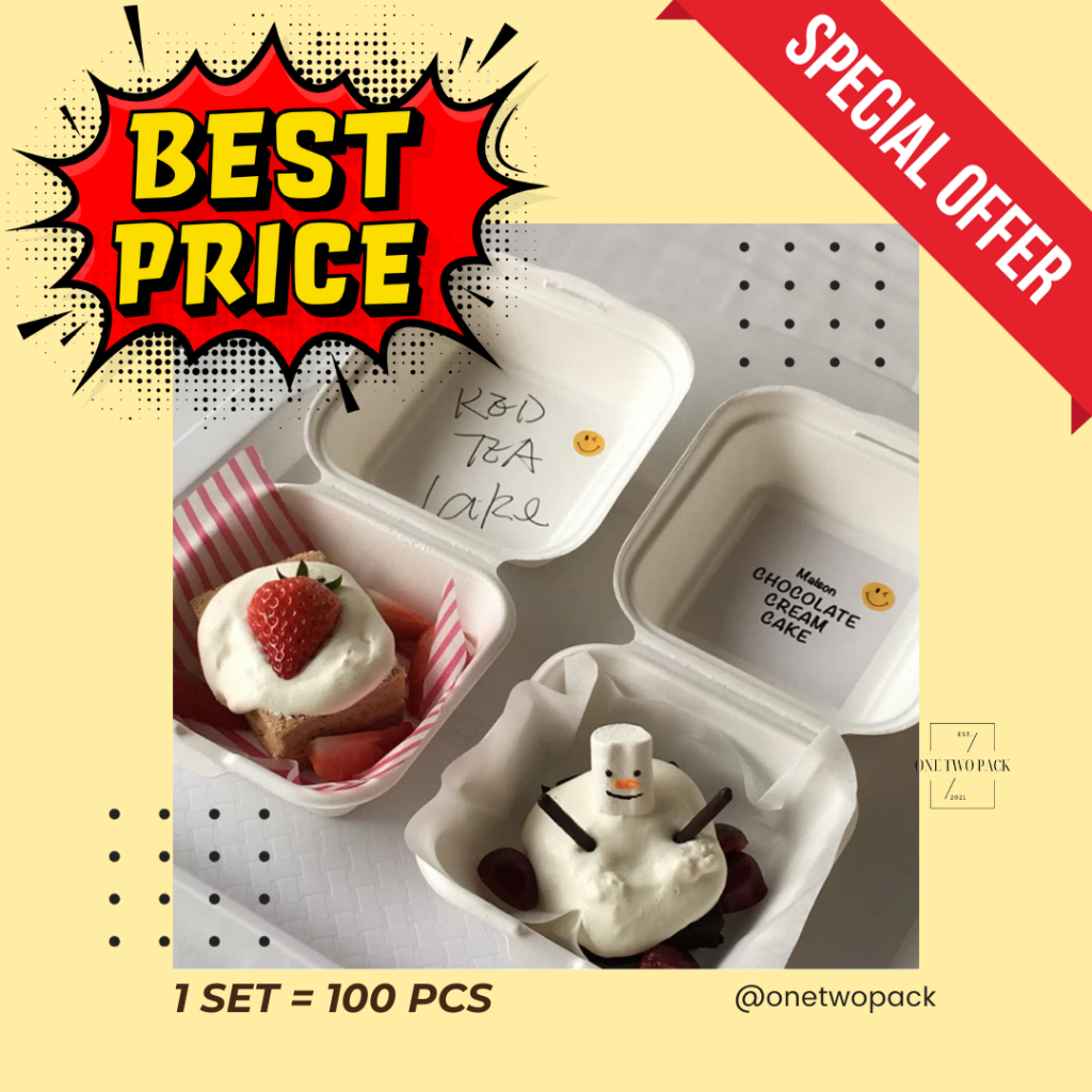 Jual [100pcs] BAGASSE Korean Mini Cake Box | Bagasse Burger Bento Box ...