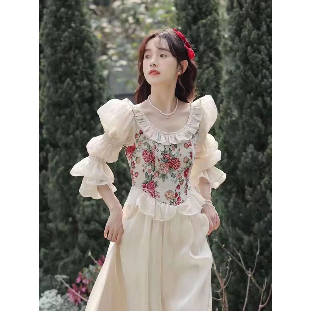 Jual Gaun vintage baru Perancis gaun maxi bunga gaya pengadilan leher ...