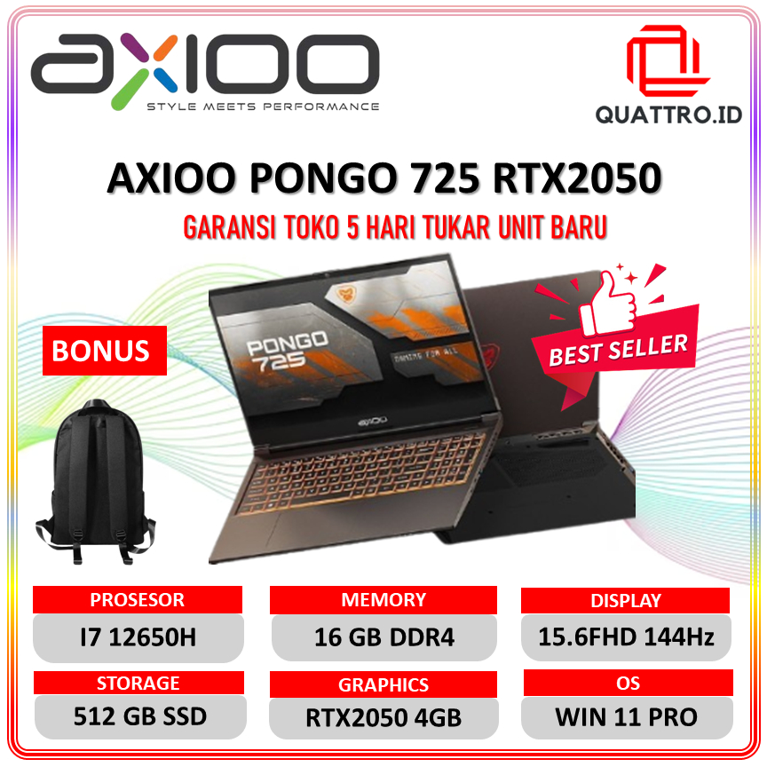 Jual Axioo Pongo 725 Intel I7 12650H Ram 16Gb Ssd 512Gb Rtx2050 4Gb Win ...