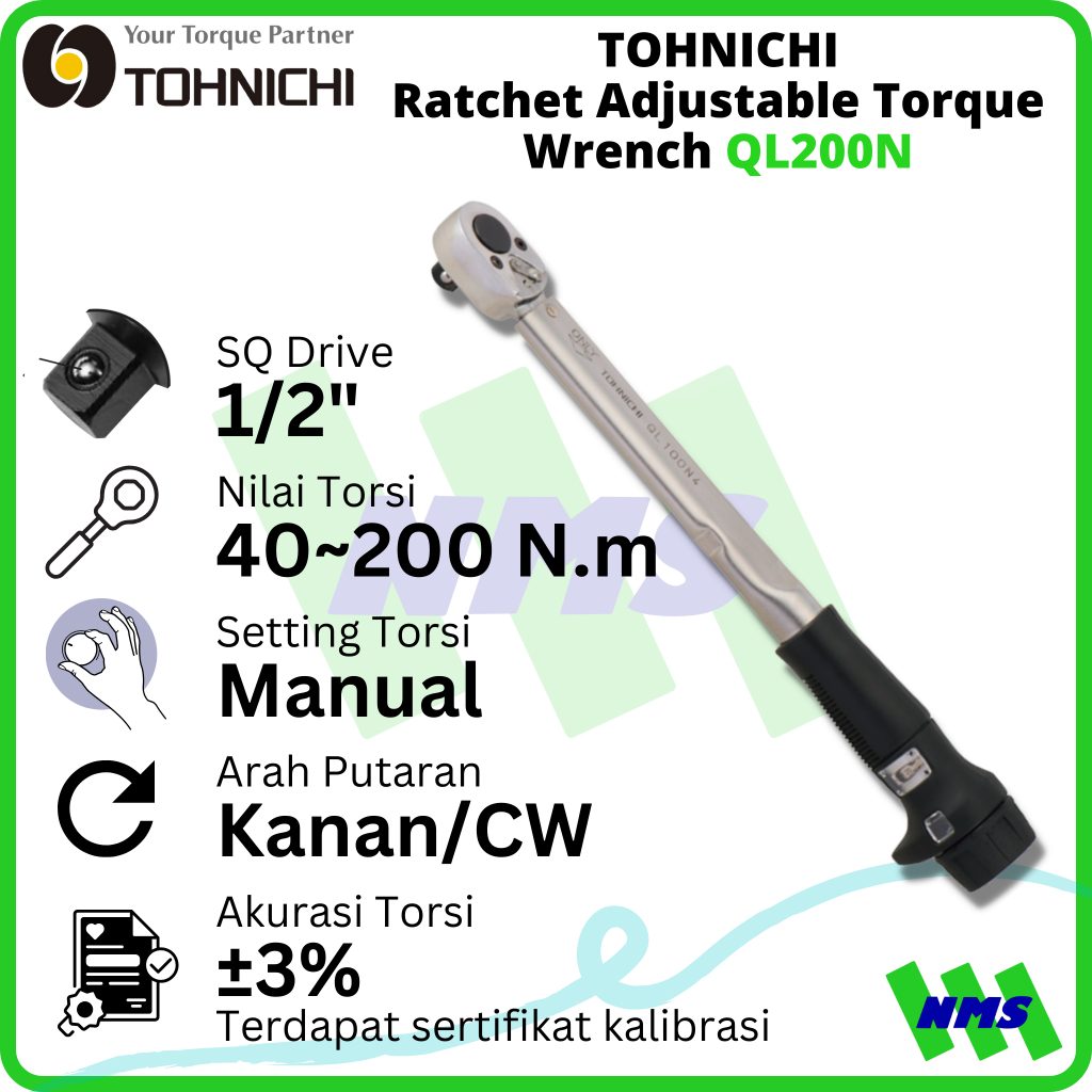 Jual Kunci Torsi TOHNICHI QL200N Ratchet Adjustable Torque Wrench 40-200Nm | Shopee Indonesia