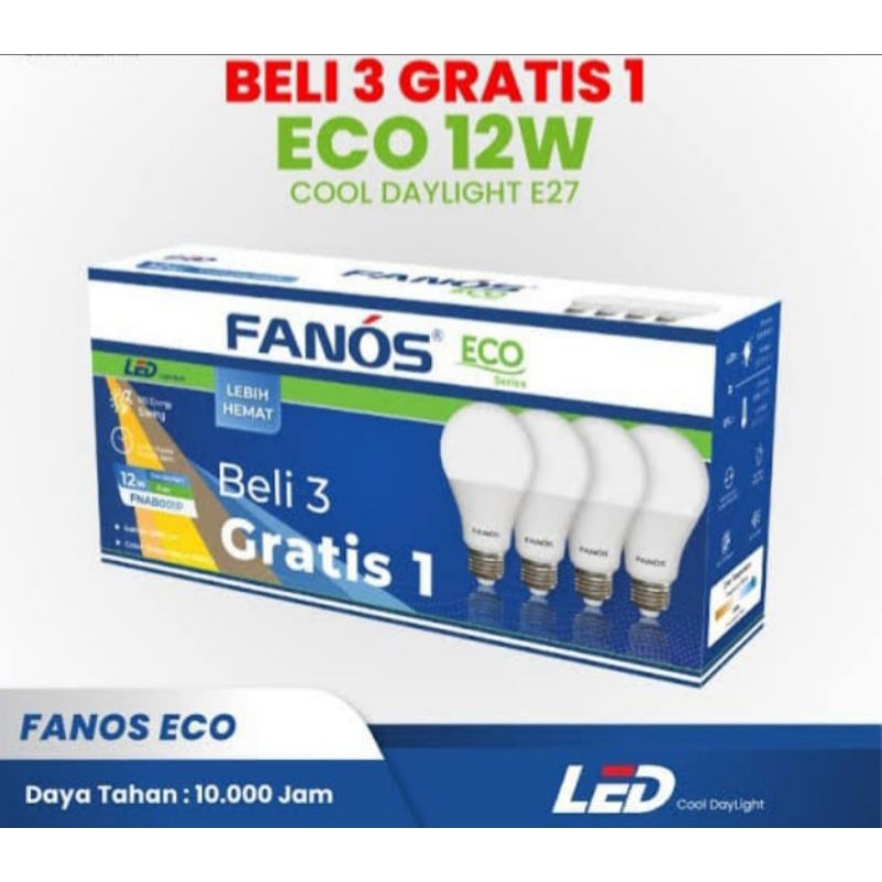 Jual Lampu led bulb 12 Wat Eco pack 3 Gratis 1 Fanos Cool Daylight | Shopee Indonesia