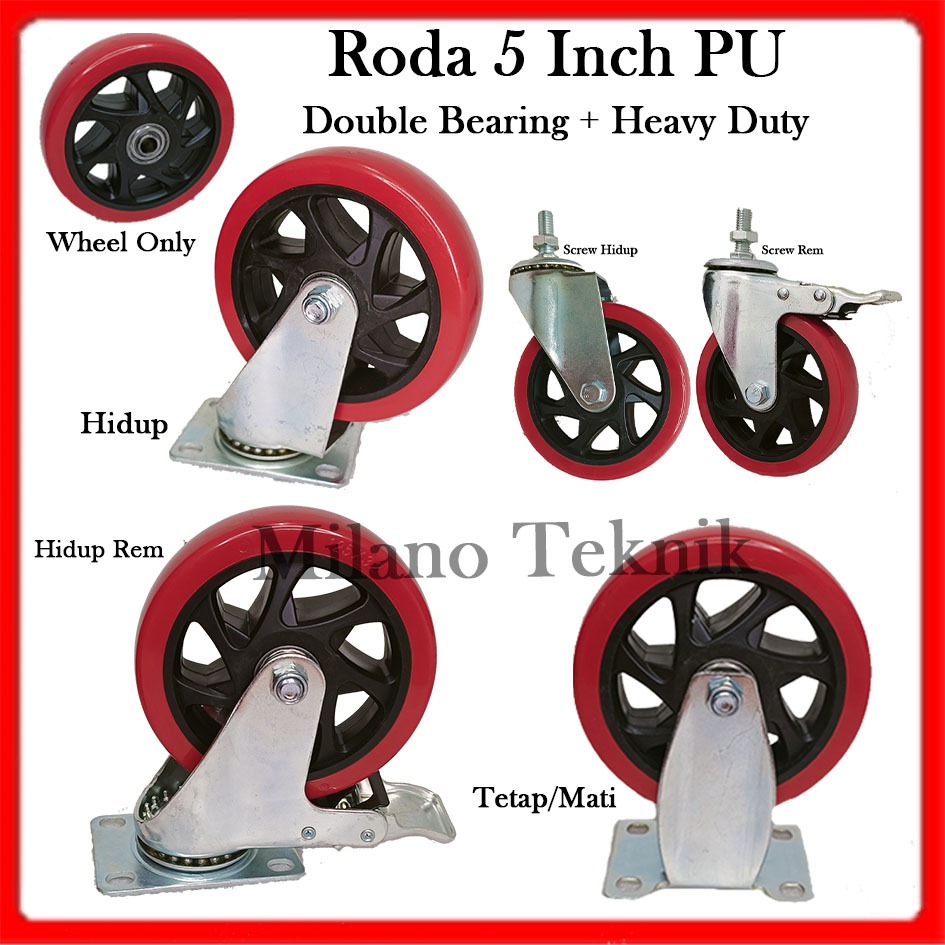 Jual Roda PU merah 5 inch TAIWAN (Tetap/Hidup/Rem/Screw) + Double ...