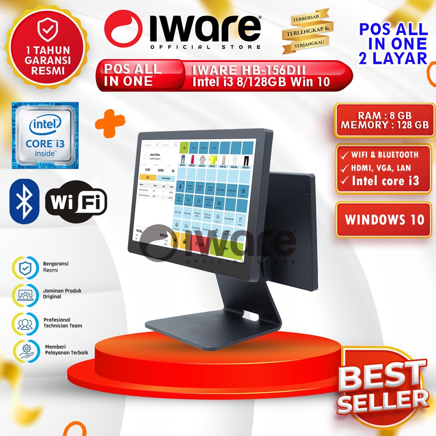 Jual Iware Mesin Kasir Pos All In One HB-156DII i3 8/128GB Win 10 15"6 Wifi Bluetooth | Shopee ...