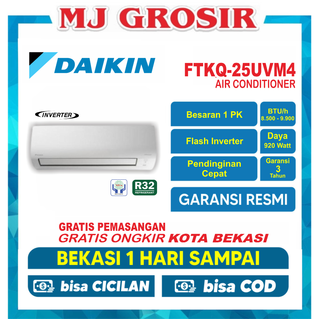 Jual AC DAIKIN FTKQ 25 UVM4 RKQ 1 PK + PASANG R32 FLASH INVERTER LOW BEKASI | Shopee Indonesia