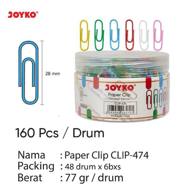 Jual ( 1 drum = 160 pcs ) CLP474 Paper Clip 28mm Warna Warni / Klip ...