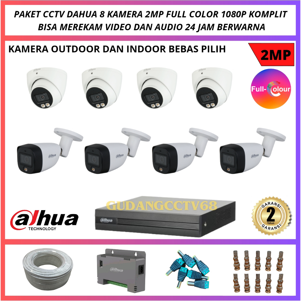 Jual Paket CCTV Dahua Full Colour 8 Channel 8 Camera Dahua 2mp Colorvu ...