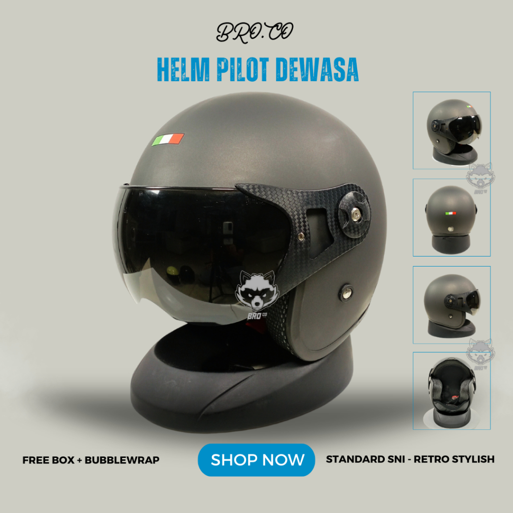 Jual HELM PILOT RETRO ITALY DEWASA HALF FACE HITAM BLACK GLOSSY ...