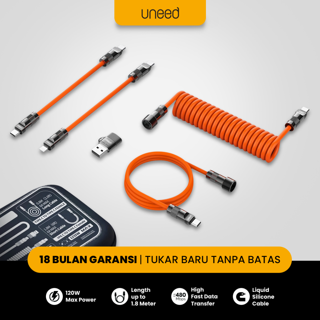 Jual UNEED Kabel Data Spring Set Extension PD 120W Type C Lightning -UCB502 | Shopee Indonesia