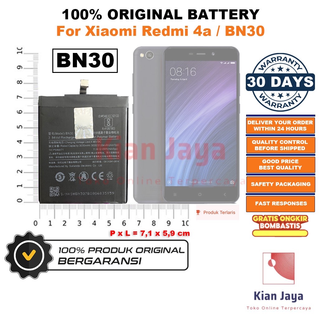 Jual [Garansi 100% Ori] Baterai Untuk Handphone Xiaomi Redmi 4a BN30 Batre Batrai Battery Hp ...