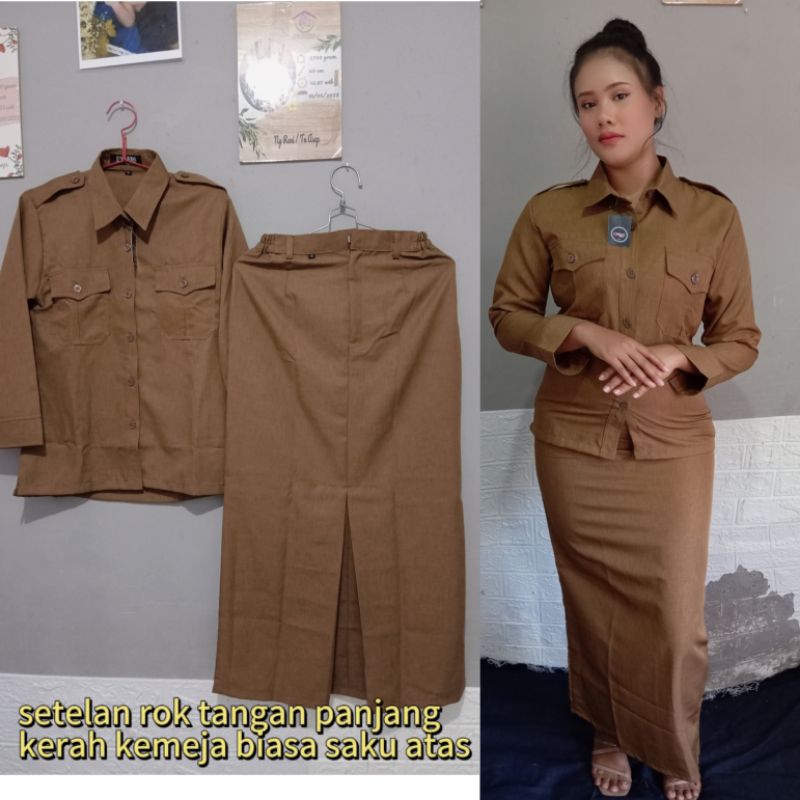 Jual setelan seragam PNS wanita khaki muda/seragam kerja guru wanita, seragam ASN khaki tua ...
