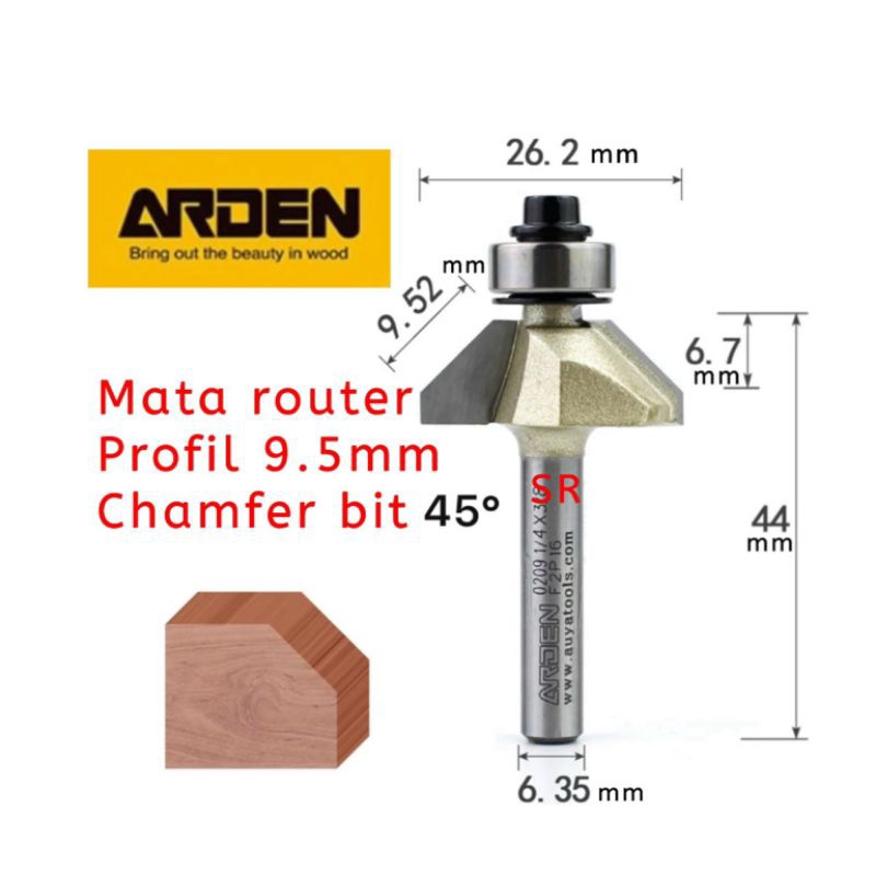 Jual Mata Router/ Profil 9.5 mm (1/4×3/8) Chamfer Bits 45 Derajat ARDEN ...