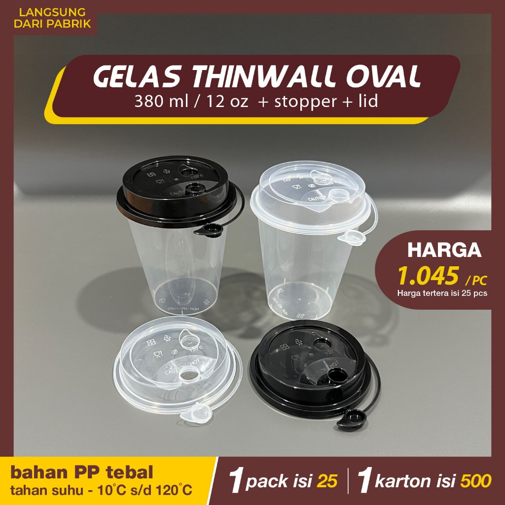 Jual GELAS THINWALL OVAL 380 ML 12 OZ + TUTUP @25 PCS / GELAS PP INJECT 380 ML / GELAS BOBA ...