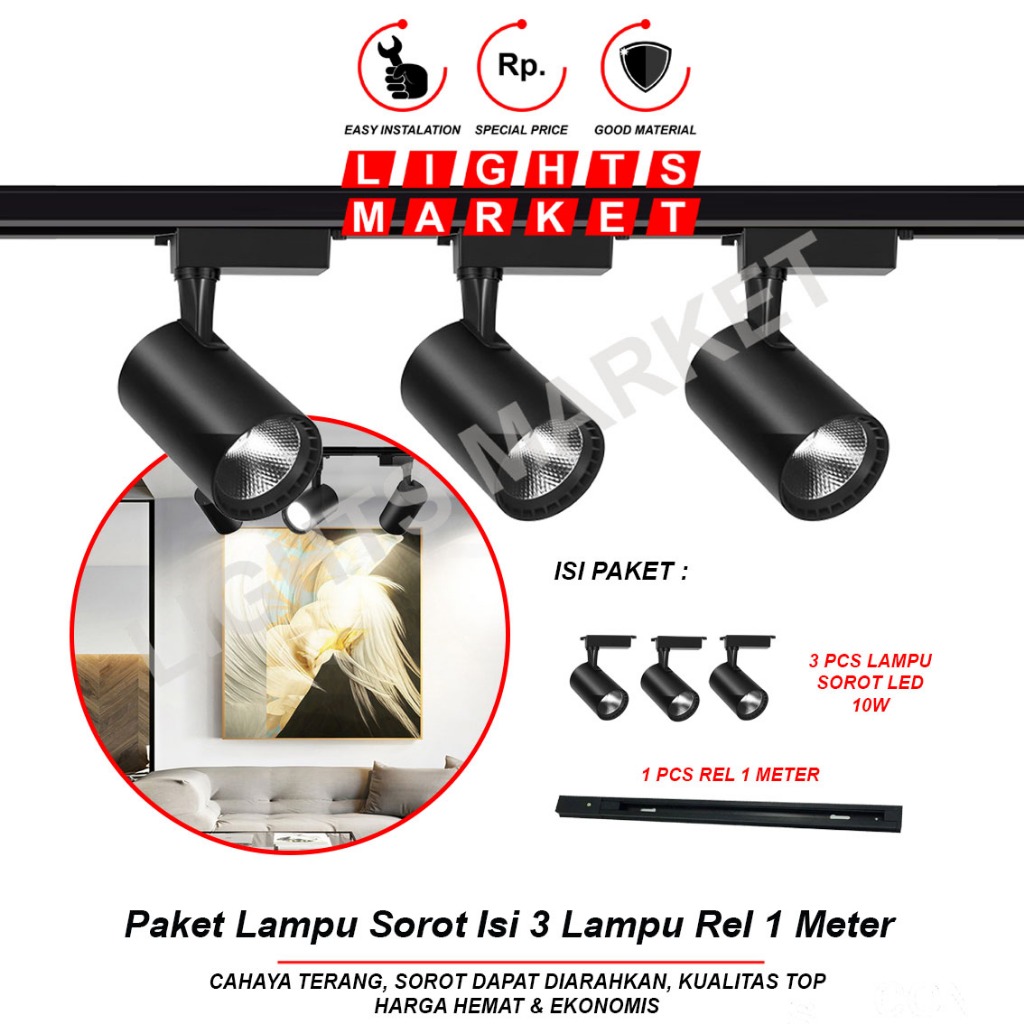 Jual Paket isi 3 Lampu Sorot Rel Spotlight Track Light Rell 10 Watt 10W ...