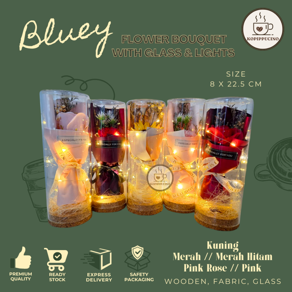 Jual Buket Bunga Kain dengan Tabung Kaca dan Lampu BLUEY Flower Bouquet ...