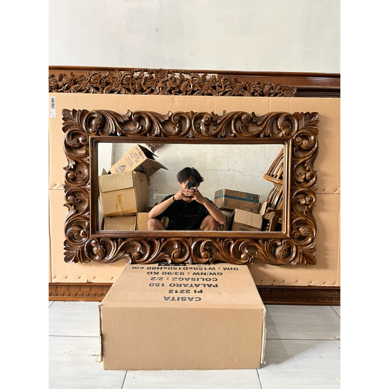Jual bingkai cermin ukir kayu jati motif bunga 100x60 cm | Shopee Indonesia