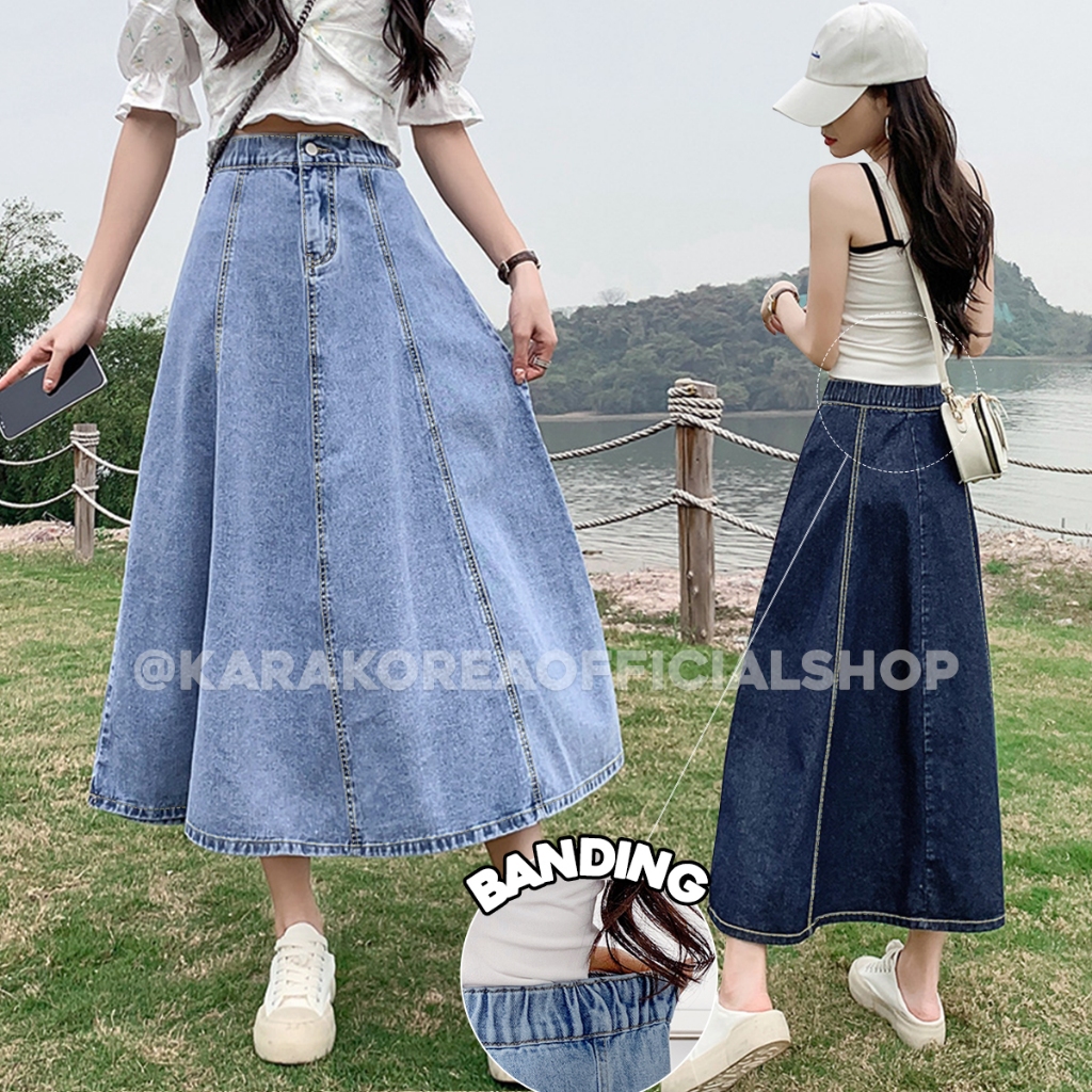 Jual KARAKOREA 6089-1 Crystal Denim Banding Skirt ROK JEANS IMPORT rok ...
