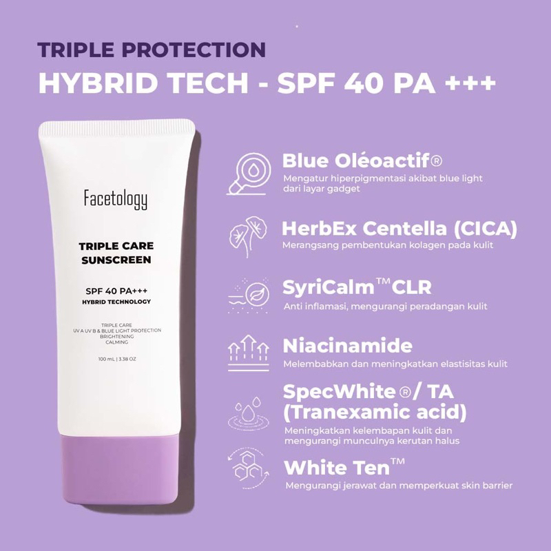 Jual [ READY ] FACETOLOGY TRIPLE CARE SUNSCREEN SPF 40 PA+++ Isi 100 ML ...